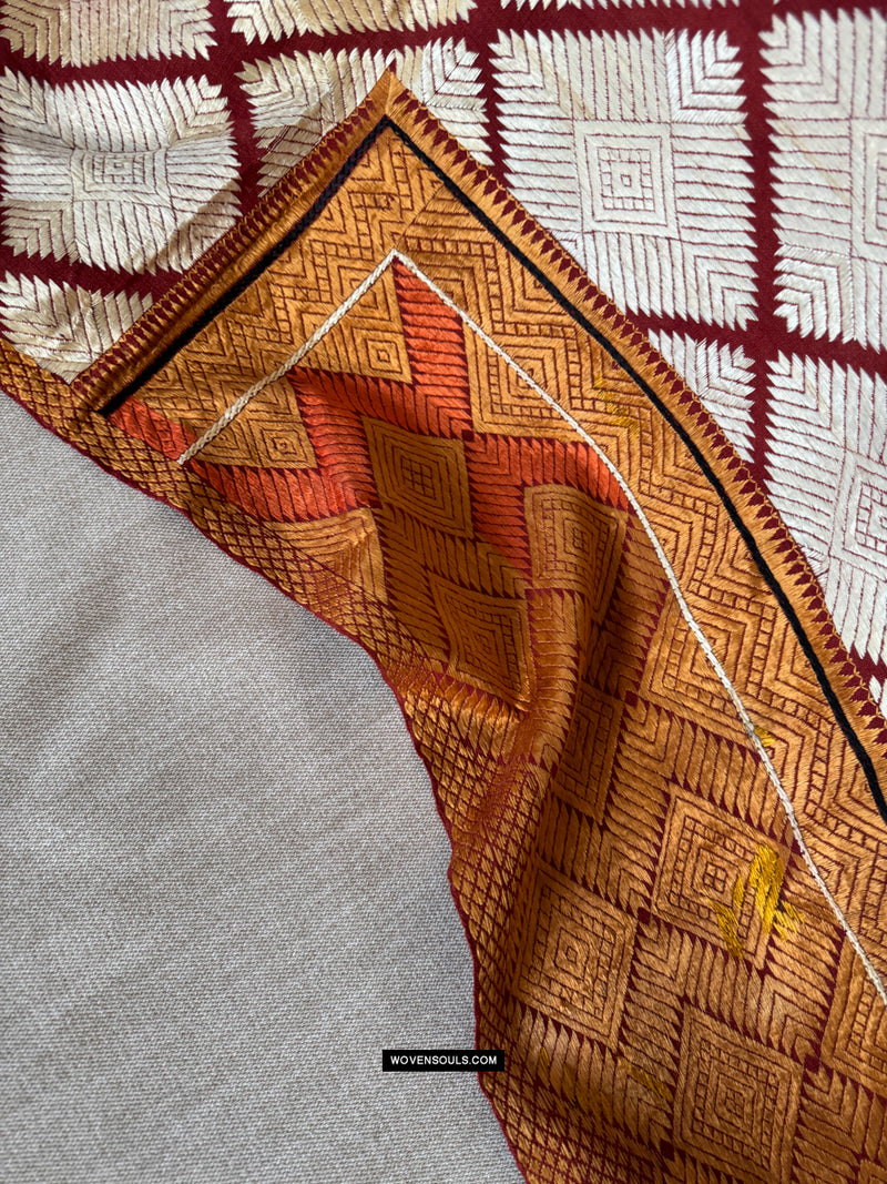 673 White Chand Bagh Lehariya Border Phulkari Indian - WOVENSOULS Antique Textiles & Art Gallery