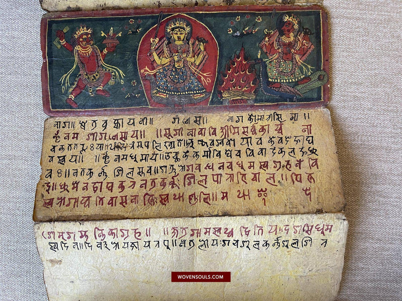 1499 An Important Ancient Hindu Manuscript Scroll with Paintings devoted to Devi Puja ...